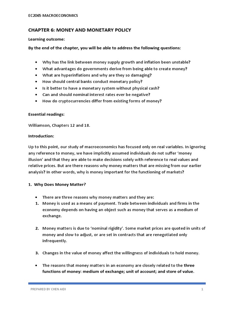 Macroeconomics EC2065 CHAPTER 6 - MONEY AND MONETARY POLICY | PDF ...