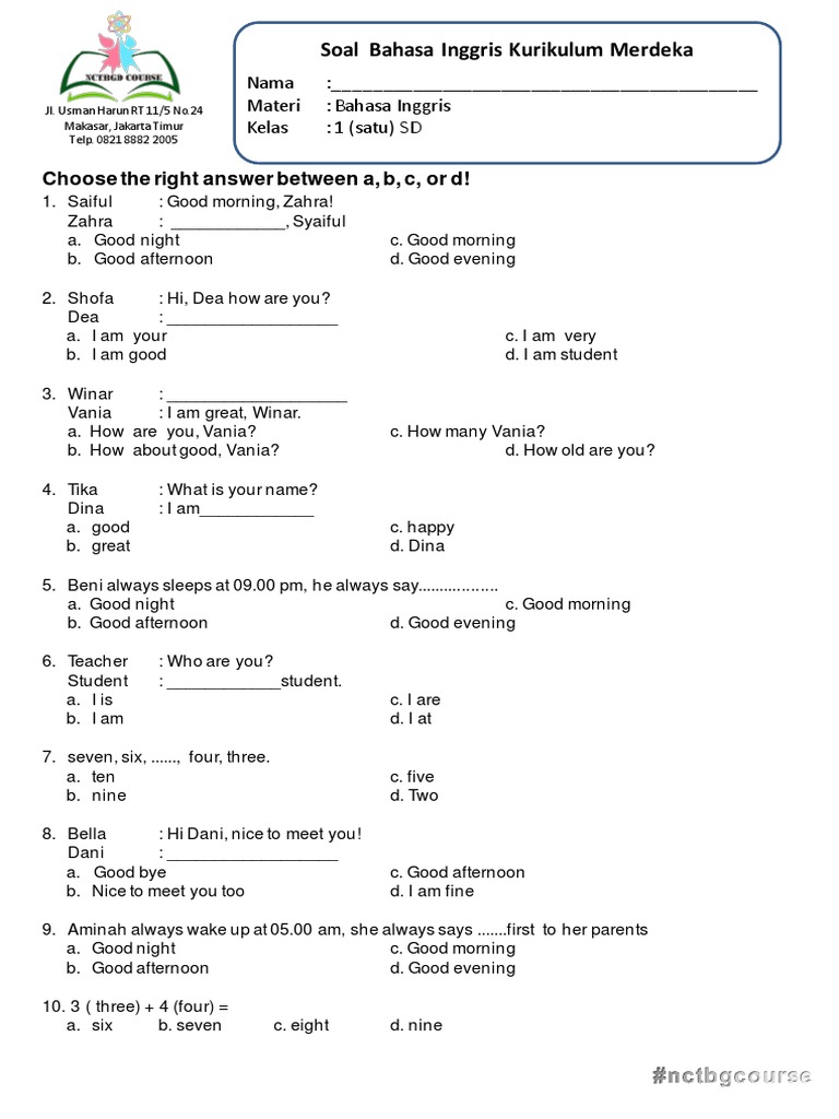 Soal Bahasa Inggris Kelas 1 Part 1 | PDF