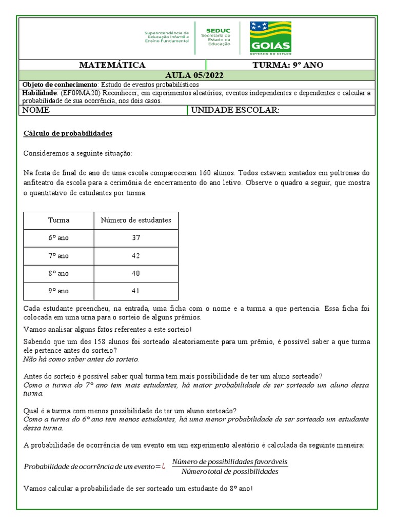 Aula 5 - 9º MAT - Estudo de Eventos Probabilísticos | PDF ...