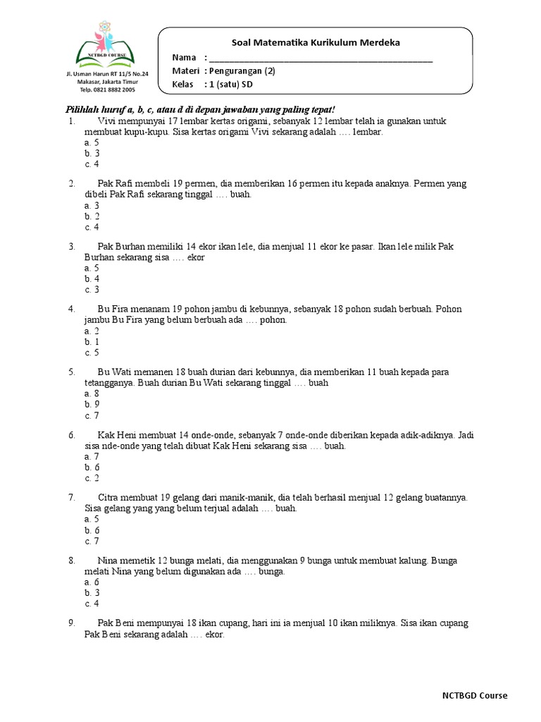 Soal MTK Cerita Pengurangan (2) PG Kelas 1 | PDF
