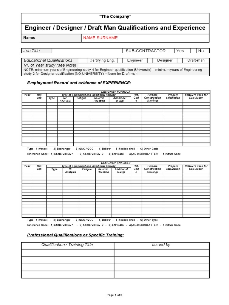 Engineer - Designer - Draft Man Qualifications - Exhibit XXXXX | PDF ...