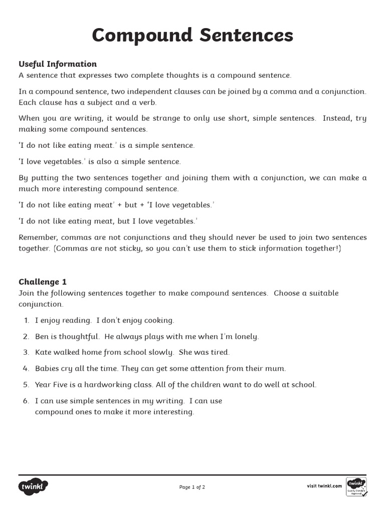 T2 E 1790 Compound Sentence Worksheet - Ver - 2 | PDF | Sentence ...