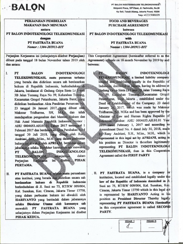 Perjanjian Pembelian PT. Balon Indoteknologi Telekomunikasi | PDF