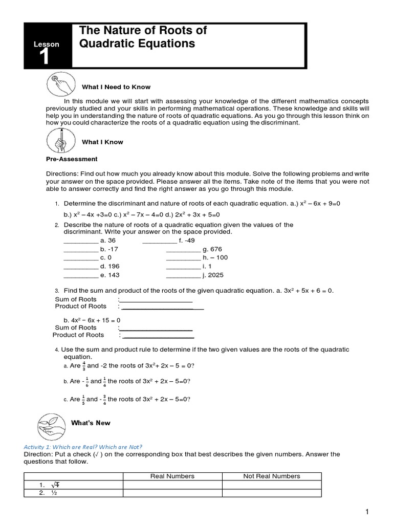 Mathematics9 - Q1 - Module3 - The Nature of Roots of Quadratic Equation ...