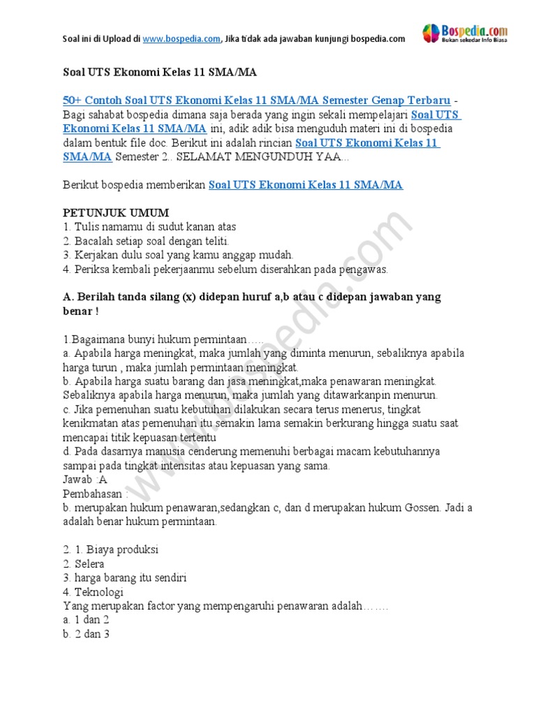 50+ Contoh Soal UTS Ekonomi Kelas 11 SMA MA Semester Genap | PDF