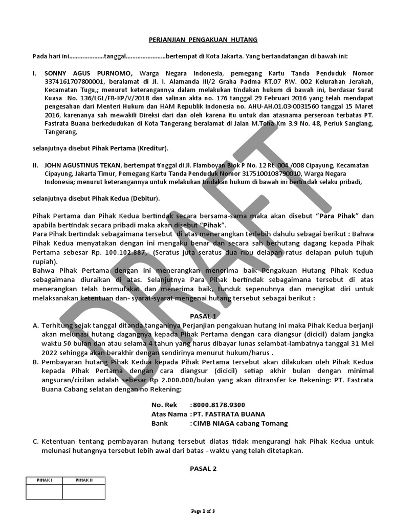 Draft Perjanjian Pengakuan Hutang TK Jetro | PDF