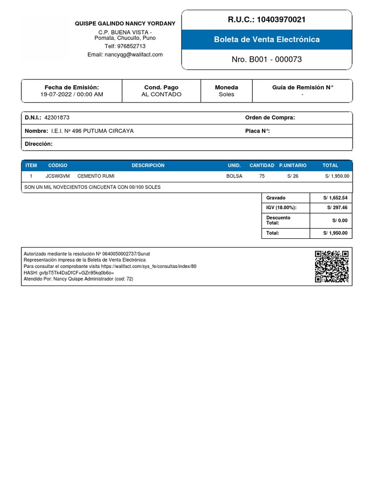 Boleta de Venta Electrónica: Nro. B001 - 000073 | PDF