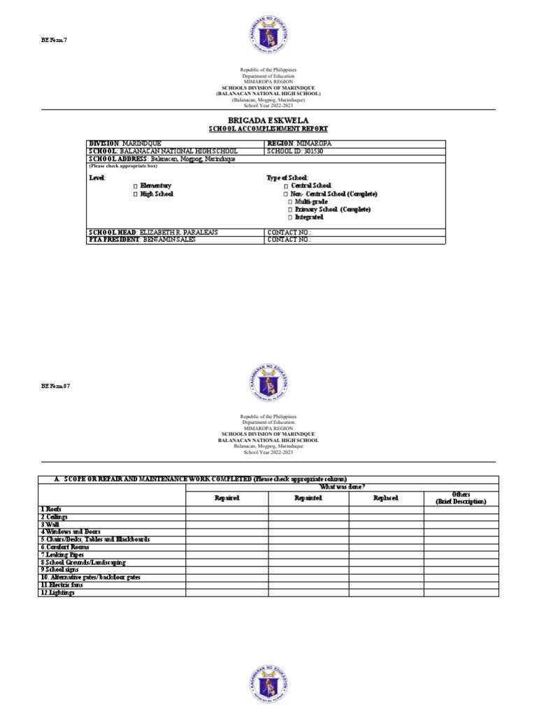 BE Form 7 SCHOOL ACCOMPLISHMENT REPORT | PDF | Buildings And Structures | Building Engineering