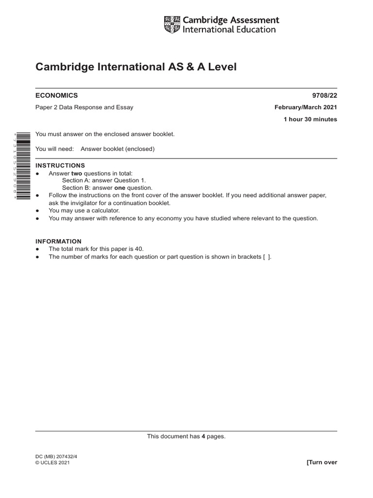 Cambridge International AS & A Level: ECONOMICS 9708/22 | PDF ...