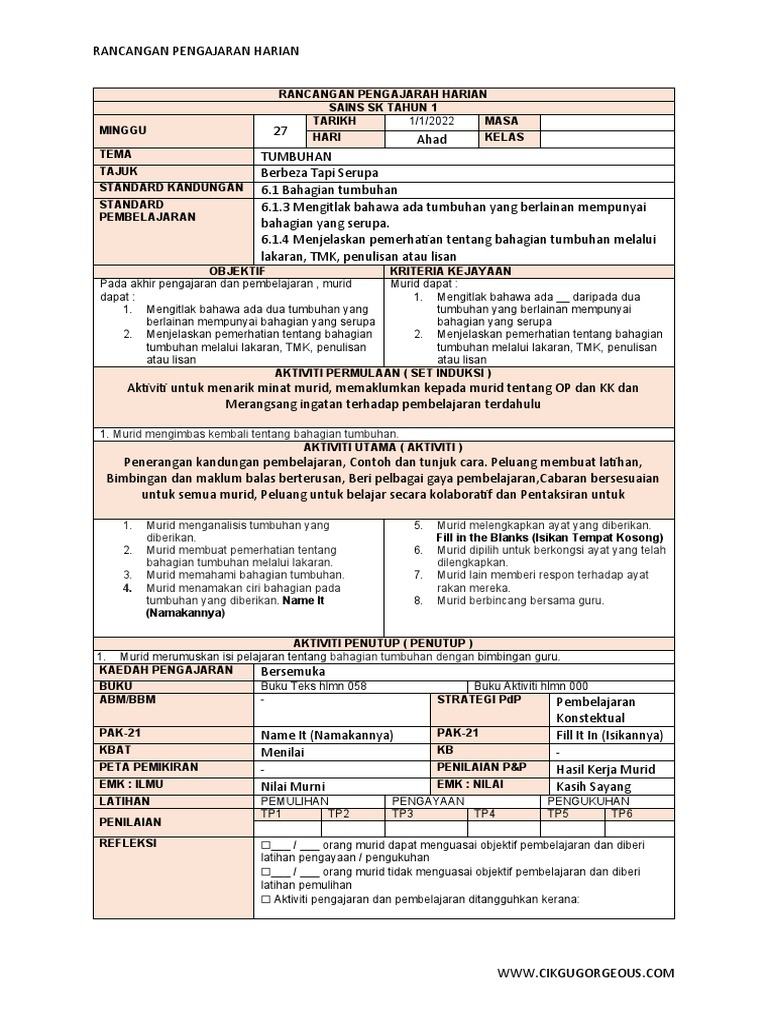 RPH Minggu 27 Sains THN 1 by Cikgu Gorgeous | PDF