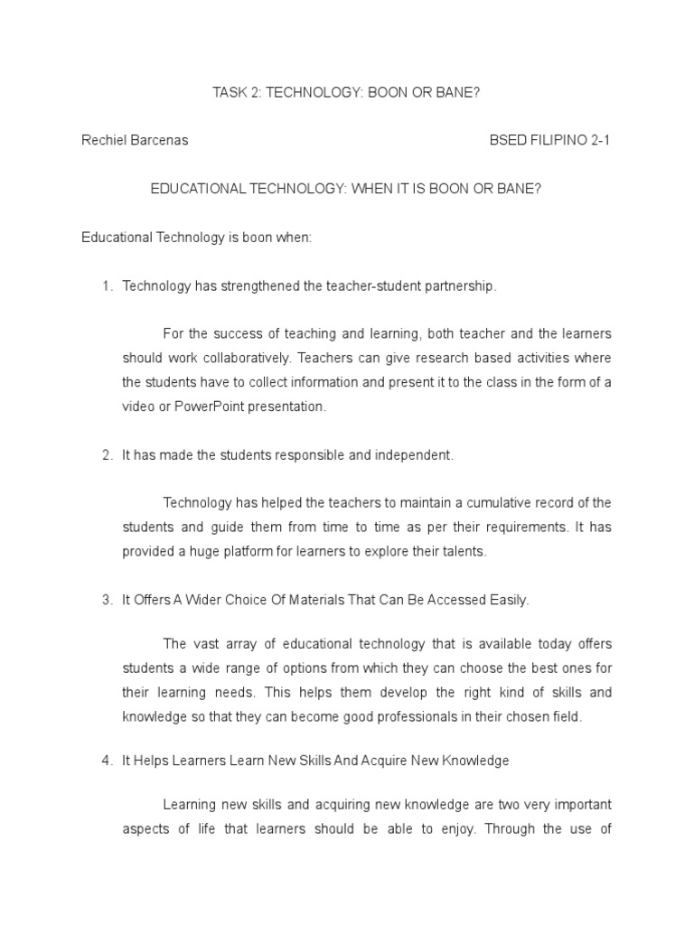 Task 2 - Technology - Boon or Bane | PDF | Educational Technology ...