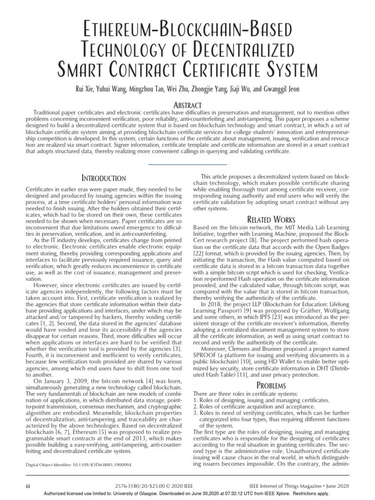 Ethereum-Blockchain-Based Technology of Decentralized Smart Contract Certificate System | PDF ...
