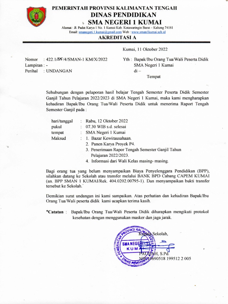 Undangan Pengambilan Rapor Tengah Semester | PDF