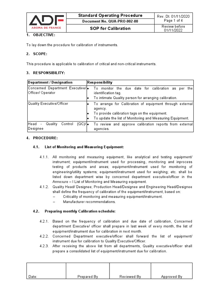 QUA-PRO-002-00 SOP For Calibration | PDF | Calibration | Science