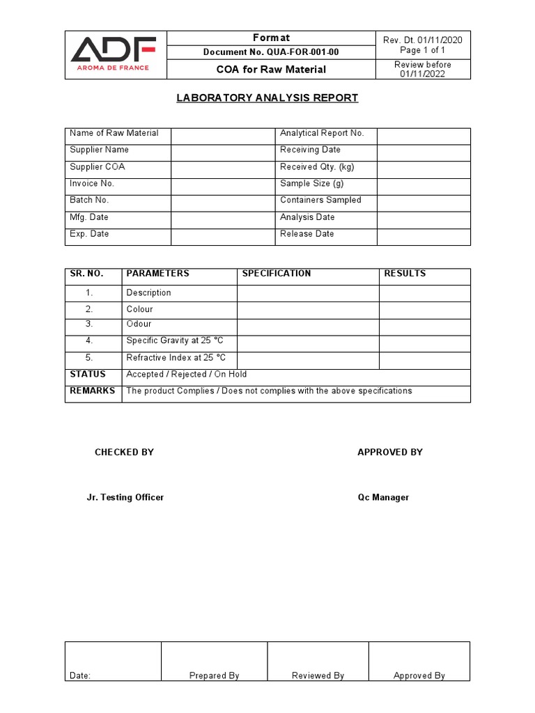 Raw Material COA Laboratory Report | PDF | Technology & Engineering
