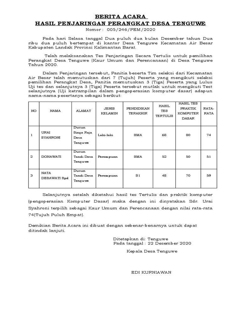 Berita Acara Hasil Penjaringan Perangkat Desa Tenguwe | PDF