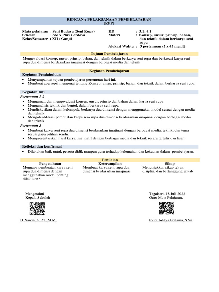 RPP Konsep, Unsur, Prinsip, Bahan, Dan Teknik Dalam Berkarya Seni Rupa | PDF