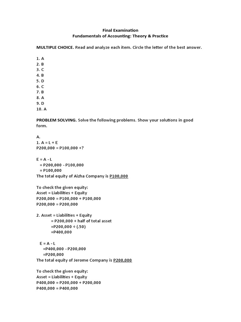 Final Examination Fundamentals of Accounting: Theory & Practice ...