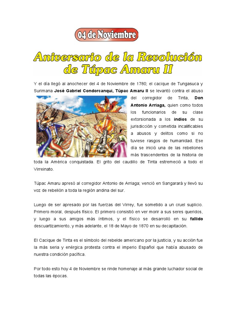4 DE NOVIEMBRE - Aniversario de La Revolución de Túpac Amaru II. | PDF | América del Sur ...