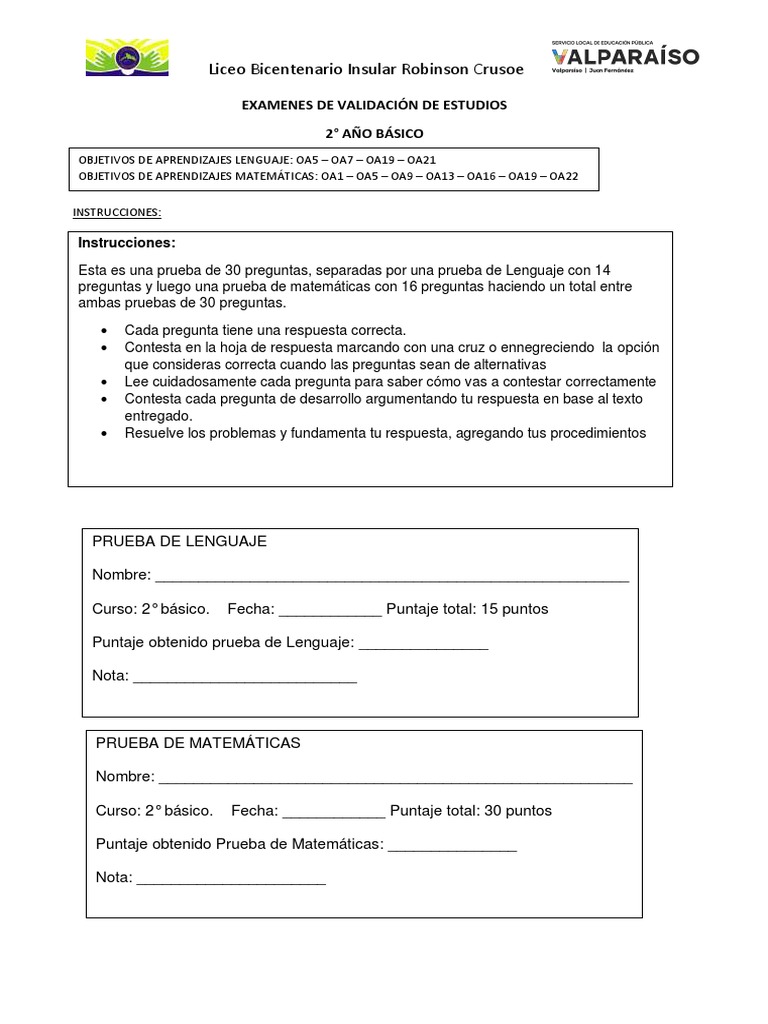 Exámenes de Validación 2° Básico Lenguaje y Matemáticas | PDF