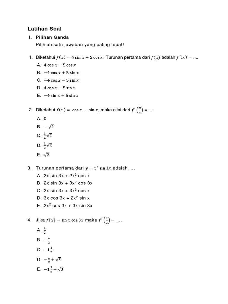 Latihan Soal Turunan Fungsi Trigonometri | PDF