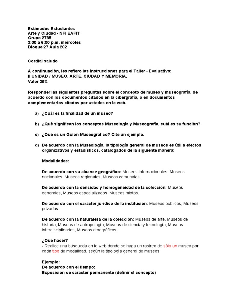 Instrucciones para el Taller Evaluativo sobre Museología, Museografía y Tipología de Museos y ...