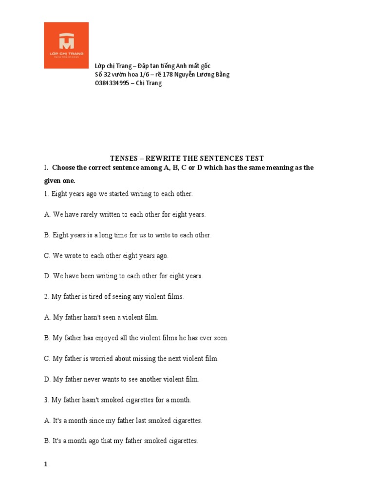(Mgtest) Tenses - Rewrite Sentences | PDF
