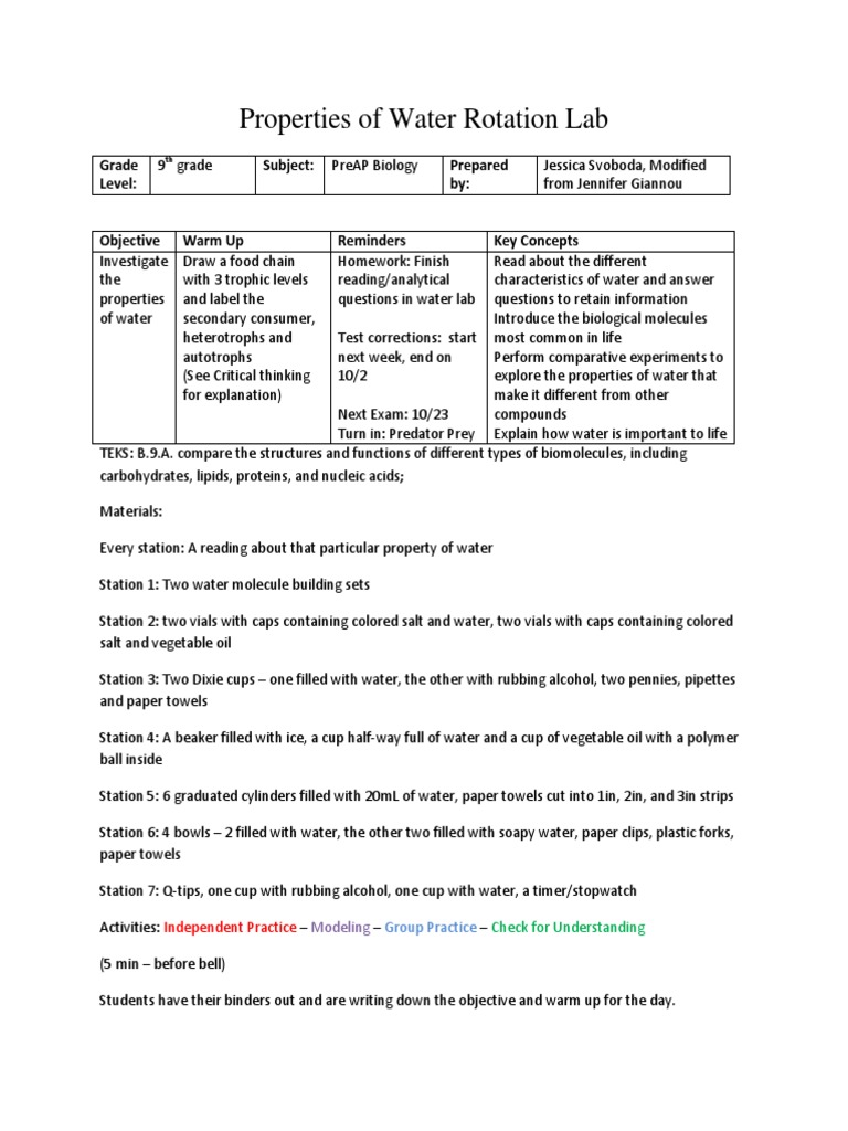 Water Rotation Lab Lesson Plan 1wrky6v | PDF | Chemical Bond | Mixture