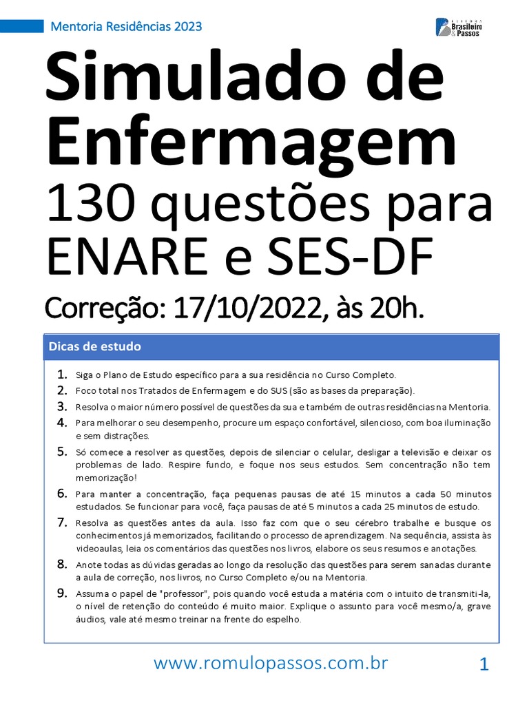 Simulado ENARE e SES-DF (130 Questões) | PDF | Câncer | Enfermagem