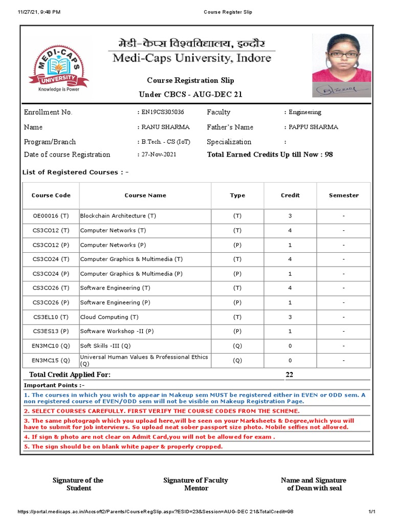 Course Register Slip | PDF | Computing