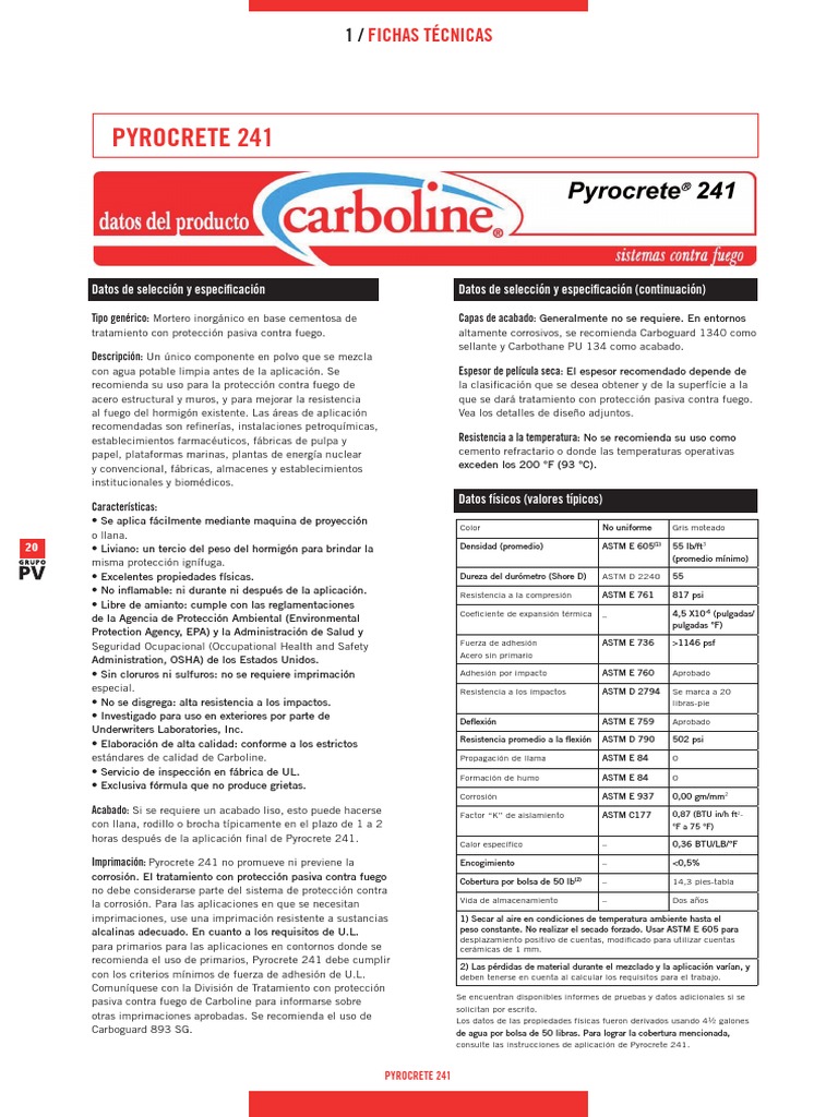 Ficha Técnica de Pyrocrete 241 | PDF | Hormigón | Administración de ...