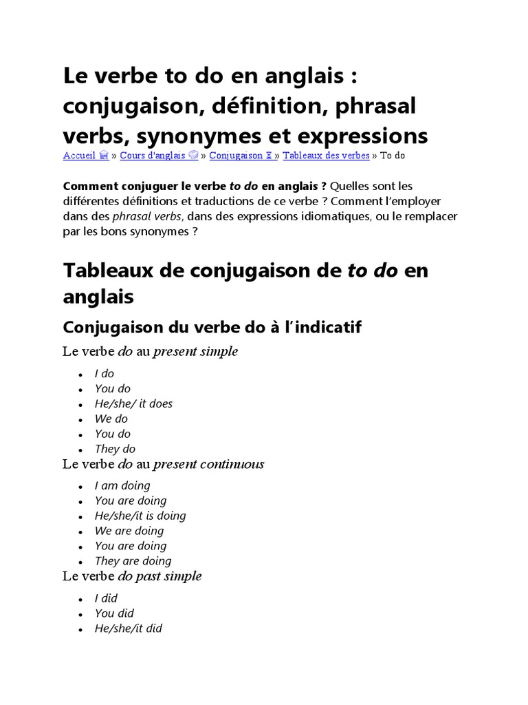Conjugaison du verbe "to do" en anglais | PDF | French Conjugation ...