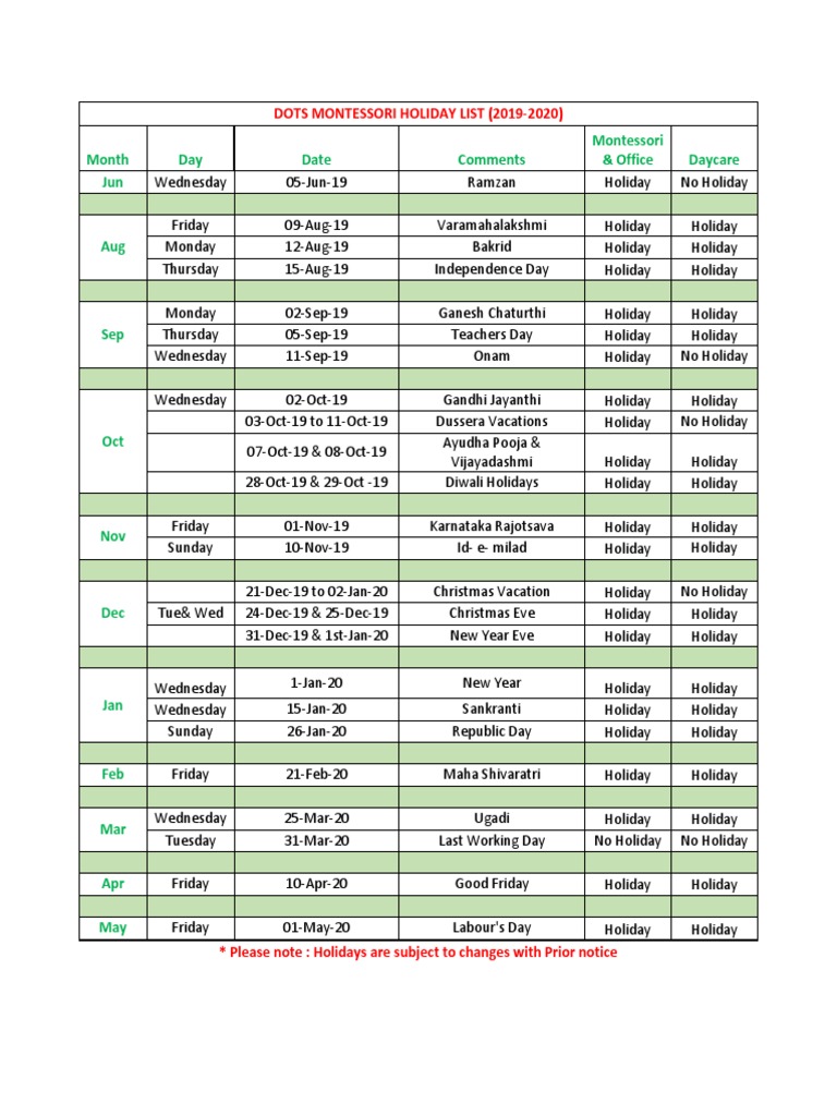 Holiday List For Parents 2019 20 | PDF | Religious Holidays | Festival
