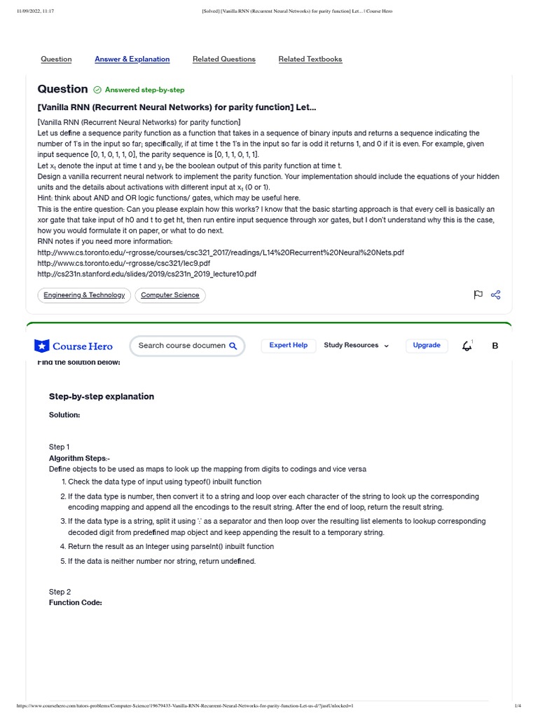 (Solved) (Vanilla RNN (Recurrent Neural Networks) For Parity Function) Let... - Course Hero ...