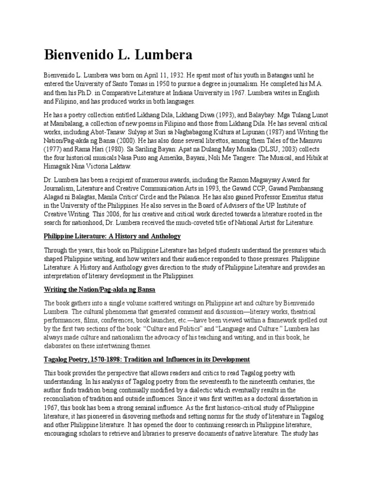 Bienvenido L. Lumbera: Literary Contributions | PDF | Philippines