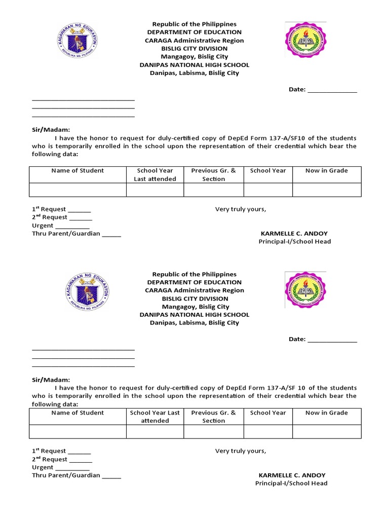 Request for Certified Copies of Student Records to Verify Temporary Enrollments at Danipas ...