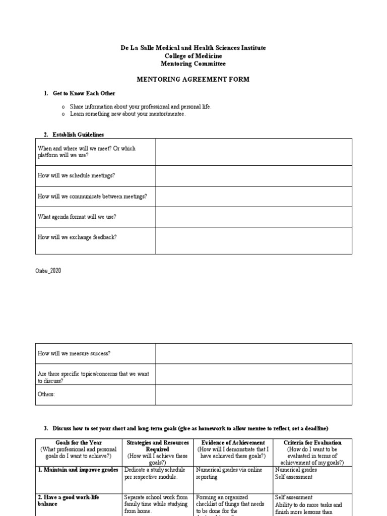 Mentoring Agreement Form | PDF | Mentorship | Goal