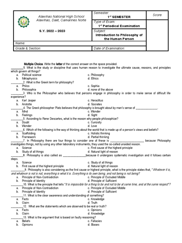 1st Semester Philosophy Exam Guide | PDF | Reason | Bias