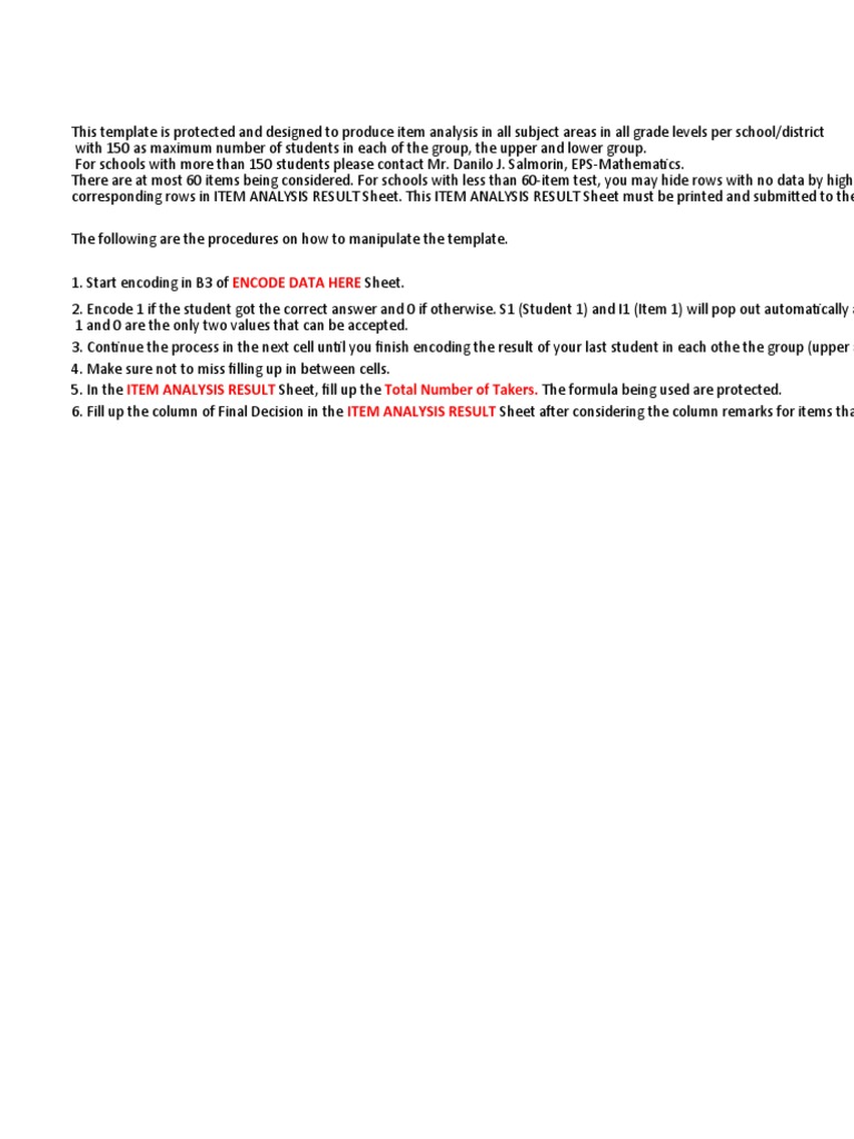 Item Analysis Template Instructions | PDF