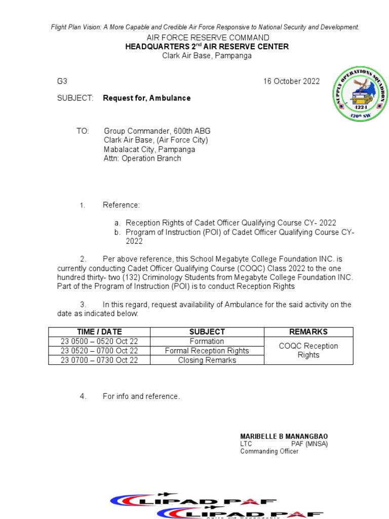 Ambulance Request for Cadet Officer Qualifying Course Reception Rights ...