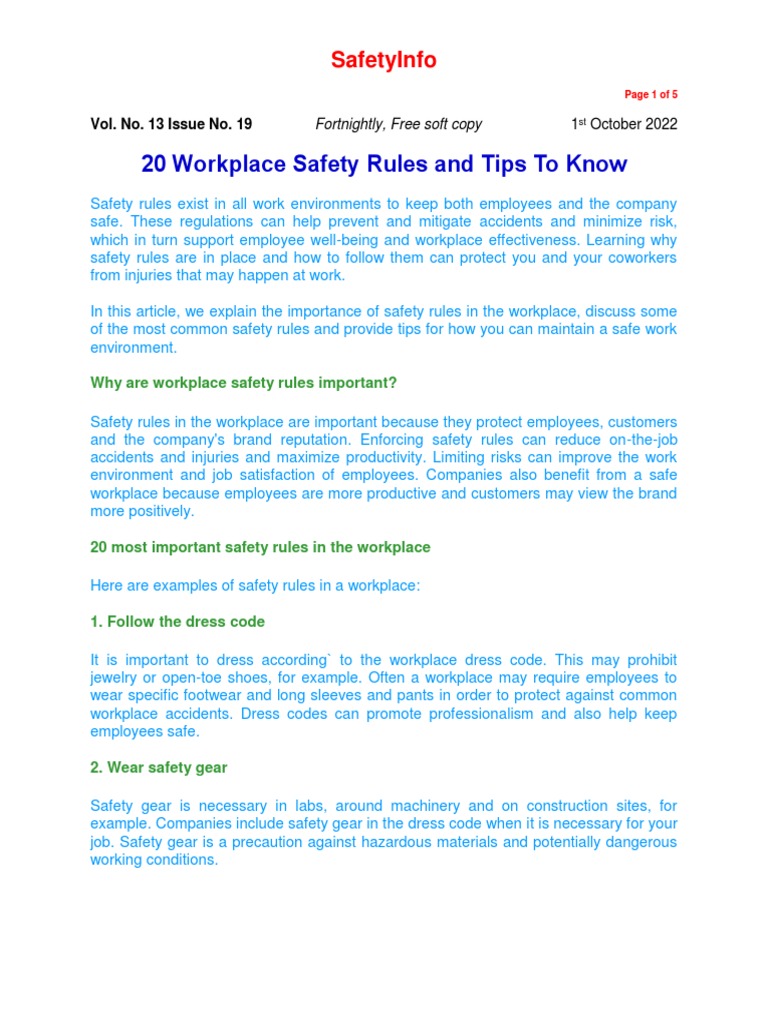 20 Workplace Safety Rules and Tips To Know: Safetyinfo | PDF ...