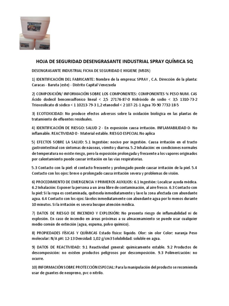 MSDS Desengrasante Industrial SQ | PDF | Agua | Ciencias fisicas