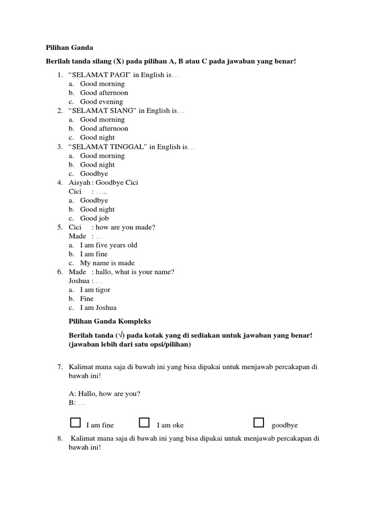 Soal Bahasa Inggris Kelas 1 SD | PDF