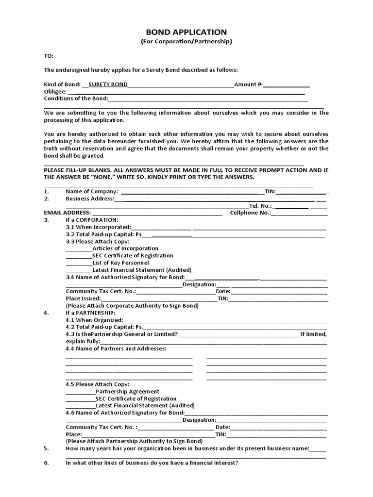Surety Bond Application for Corporations | PDF | Surety | Banks
