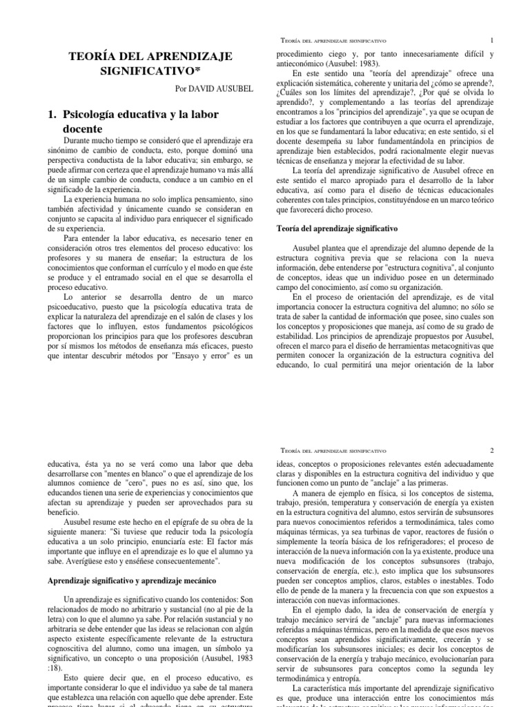 Teoría Del Aprendizaje Significativo | PDF | Aprendizaje | Cognición