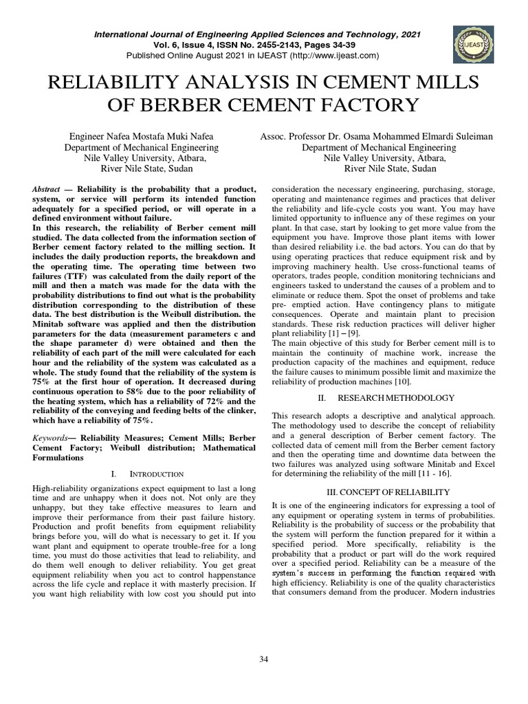 Reliability Analysis in Cement Mills of | PDF | Reliability Engineering ...