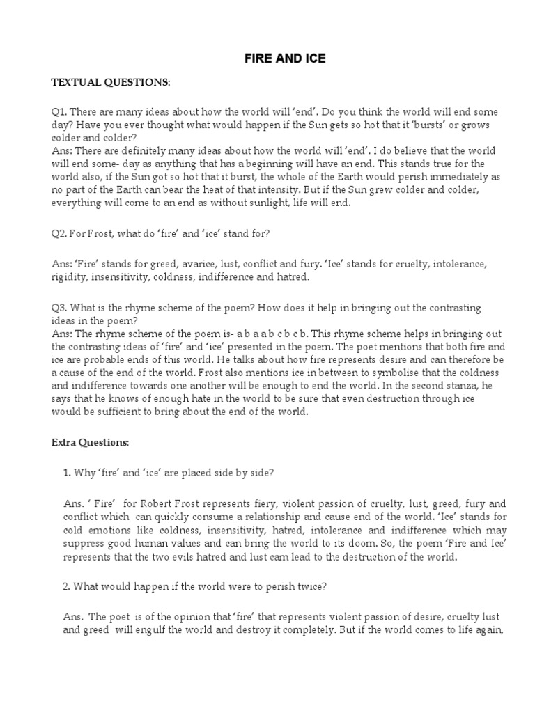 Fire and Ice X Questions Answers | PDF | Hatred | Greed