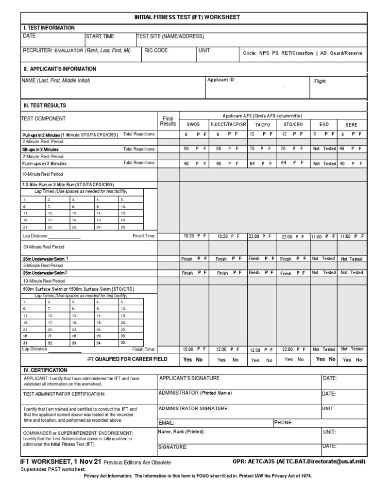 Initial Fitness Test (IFT) Worksheet - 1 Nov 21 | PDF | Recreation