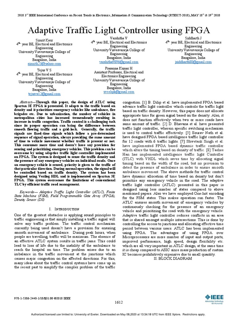 Adaptive Traffic Light Controller Using FPGA | PDF | Traffic | Field ...