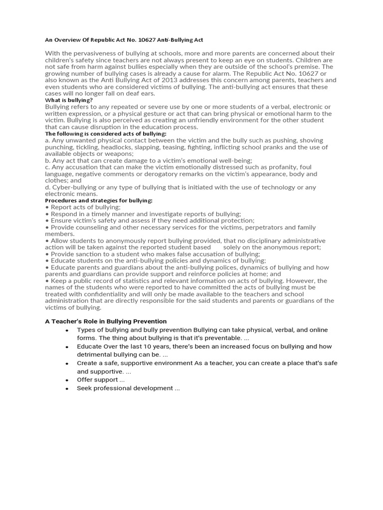 An Overview of Republic Act No | PDF | Bullying | Cyberbullying